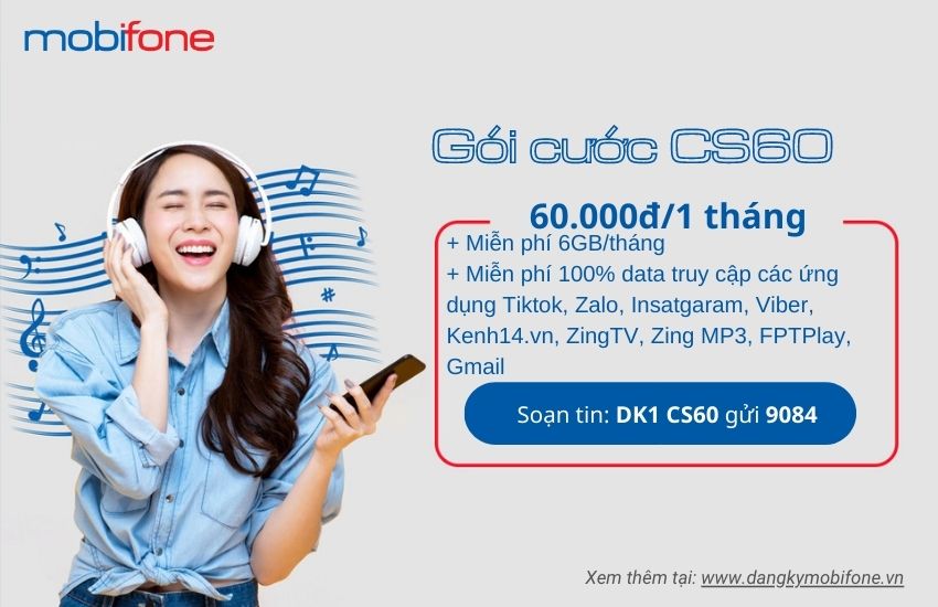 CS60 Mobifone FREE data Tiktok, Zalo, Instagram - Đăng ký 4G Mobifone